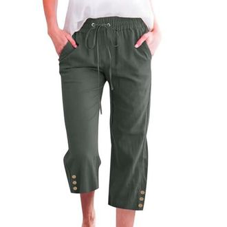 Generic Pantalon 3/4 d&eacute;t&eacute; pour femme - Pantalon en lin pour femme - Pantalon d&eacute;t&eacute; l&eacute;ger avec cordon de serrage - Poches - Taille haute - Pantalon de loisirs -