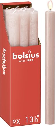 Bolsius Bolsius - Rustik Stabkerzen - Hellrosa - 9 St&uuml;ck - 27 x 2.3 cm - L&auml;nge Brenndauer 13 Stunden - Unparf&uuml;mierte - Enth&auml;lt Nat&uuml;rliches Pflanzenwachs - Ohn