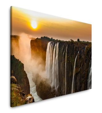 Paul Sinus Art Wasserfall mit Sonnenuntergang 100 x 70 cm Inspirierende Fotokunst in Museums-Qualität für Ihr Zuhause als Wandbild auf Leinwand in