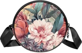 Generic Petit sac &agrave; bandouli&egrave;re circulaire pour femme, motif feuilles florales, sac &agrave; dos avec fermeture &eacute;clair, bretelles r&eacute;glables, sac &agrave; main rond d&eacute;contra