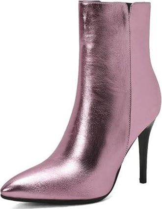 Generic Bottines &agrave; talons aiguilles m&eacute;talliques pour femme avec fermeture &eacute;clair lat&eacute;rale et bout pointu, rose, 40.5 EU