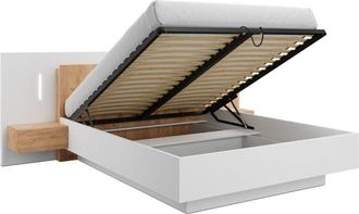 Vente-Unique Vente-unique - Lit coffre avec chevets 160 x 200 cm - 2 tiroirs - Avec LEDs - Coloris : Blanc et naturel - francoli
