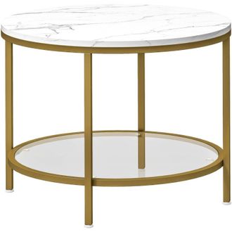 HOMCOM Homcom - Table basse ronde dia. 60 cm avec &eacute;tag&egrave;re verre tremp&eacute; m&eacute;tal dor&eacute; plateau effet marbre blanc