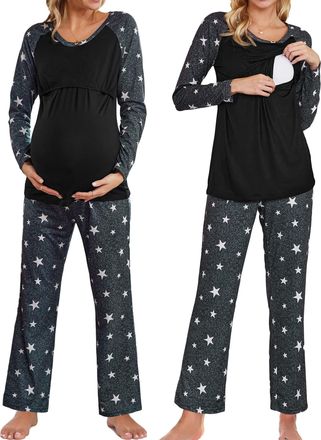 Ekouaer Stillschlafanzug Damen Umstandsschlafanzug Still Pyjama Lang Krankenhaus Schwangerschaft Sets Stillmode Dunkelgrau Sterne S