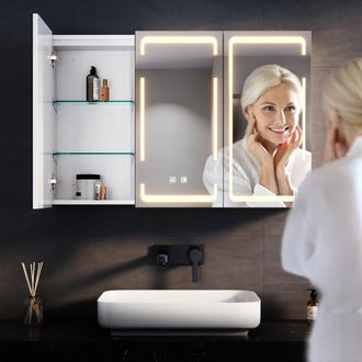 Sonni LED Spiegelschrank Bad und Steckdose 90 x 60 cm, 3 T&uuml;riger Metall Spiegelschrank mit Touch-Schalter, 3 Lichtfarben + Defogging, Kabelloses Scharnier D