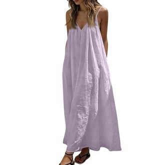 Generic Robe de vacances d&eacute;t&eacute; pour femme en coton l&eacute;ger avec col en V et noeud dans le dos, robe d&eacute;t&eacute; fluide sans manches avec poches, v&ecirc;tement de voyage, vio