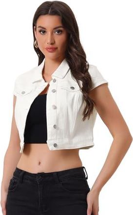 Allegra K Veste en Jean Femme Été Manches Courtes Boutonnage Avant Col Rabattu Blanc S