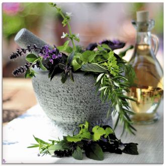 Artland ARTland Wanddeko Glasbilder Wandbild Glas Bild einteilig 40x40 cm Quadratisch Stillleben Kräuter Gewürze Mörser Olivenöl Mediterran T5RH