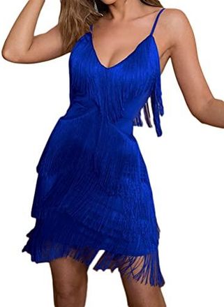 Onsoyours Robe À Franges À Sequins pour Femme - Samba Tango Latine À Bretelles Spaghetti - DÉté Sexy Portefeuille Mini Costume B Bleu M