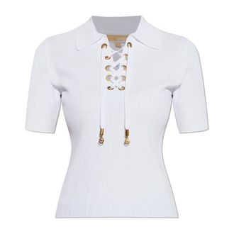 Michael Kors Femme, Tops, Blanc, Taille: 40 FR Polo Top Bord C&ocirc;te Stretch Viscose &agrave; Lacets