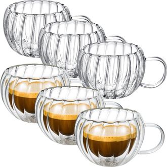 Wilmax England Wilmax - Thermogläser mit Henkel geriffelt - 6er-Set - 300 ml - Doppelwandige Kaffeegläser - Latte Macchiato Gläser Set - Cappuccino Gläser mit Henkel