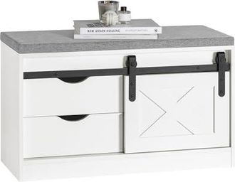 SoBuy Banc &agrave; Chaussures, Meuble dentr&eacute;e, Banc de Rangement, Meuble &agrave; Chaussures avec Coussin Rembourr&eacute;, 2 Tiroir, 2 &Eacute;tag&egrave;res et Porte de Grange, 80 x 30 x 4