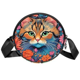Generic Sac &agrave; bandouli&egrave;re rond rond pour femme, motif chat color&eacute;, avec fermeture &eacute;clair, bretelles r&eacute;glables, style d&eacute;contract&eacute;
