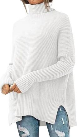 Generic Pull Oversize &agrave; col roul&eacute; pour Femme, Manches Longues Chauve-Souris, Ourlet Fendu, Tunique en Tricot, Hauts dautomne, Tenues Grande Taille, Blanc, 3XL