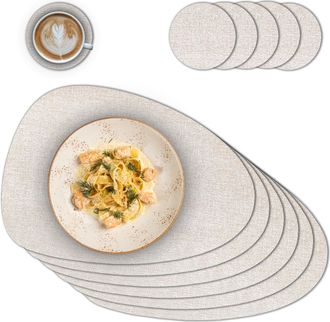 Matches 21 Ovales Tischset mit Glasuntersetzer im 6er Set - Platzset für Esstisch & Küche Beige meliert - Hitzebeständige PVC Untersetzer abwaschbar