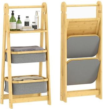 HOMCOM Etagère de Salle de Bain Pliable en Bambou, étagère de Salle de Bain avec 2 paniers à Linge, étagère Ouverte, pour Chambre à Coucher, buanderie, Gris