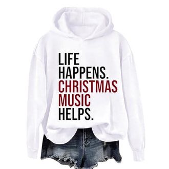 Generic Sweat à capuche de Noël ample pour femme - Col rond décontracté - Avec lettres imprimées - Pour lhiver et Noël - Cadeau de Noël, blanc, 4XL
