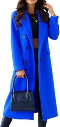 Generic Manteau long en laine pour femme, manteau mi-long, veste crant&eacute;e &agrave; revers &agrave; double boutonnage, v&ecirc;tements dext&eacute;rieur pour lautomne et lhiver 2026, bleu