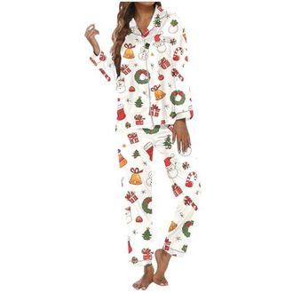Generic Pyjama de Noël en soie pour femme, pyjama en satin à manches longues boutonné, vêtement de nuit léger 2 pièces en soie avec imprimés sur le thème de N