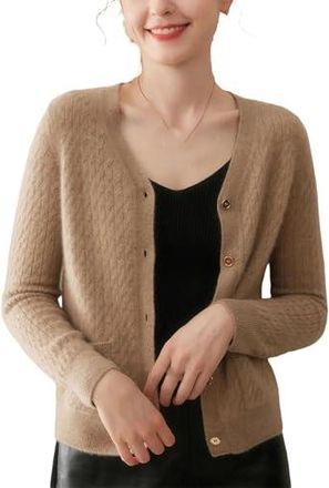 Generic Cardigan dhiver en cachemire pour femme, col en V, petit style parfum&eacute;, veste amincissante en tricot, Camel fonc&eacute;, Taille XS