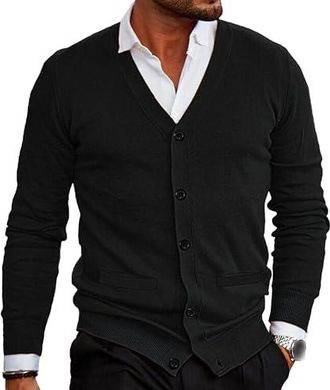 Generic Cardigan &agrave; col crant&eacute; pour homme avec poches &agrave; col ch&acirc;le et boutons, Noir, L