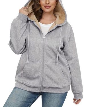 Generic Veste &agrave; capuche zipp&eacute;e doubl&eacute;e en polaire pour femme, manches longues, thermique, manteaux avec poches, gris clair, XXL