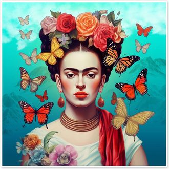 Posterlounge Frida Kahlo und fliegende Schmetterlinge Poster von Mark Ashkenazi 30 x 30 cm Bunt Wandbilder Wanddeko