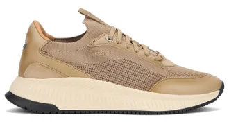 HUGO BOSS Mens Sneakers Mesh Upper Beige Cowhide Leather Trainers