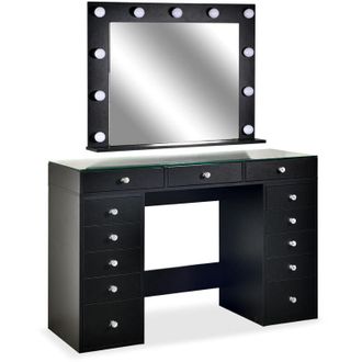 Menzzo Coiffeuse moderne 13 tiroirs avec miroir lumineux et plateau en verre L120cm Probeauty Noir