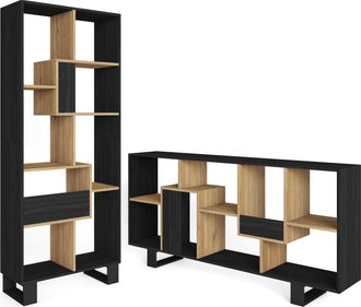 Skraut Home | Bücherregal Bibliothek | Bookshelf, Bookcase | 174x67x31cm | Industriedesign | Moderner Stil | Schwarz und Eiche