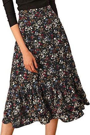 Allegra K Femme Robe Mi-Longue Fluide à Taille Élastique avec Ourlet à Volants Noir L
