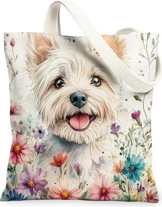 Generic Spring Westie Sac fourre-tout en toile r&eacute;utilisable pour faire du shopping, 33 x 38,1 cm, motif aquarelle et chiot avec imprim&eacute; de fleurs sauvages, sa