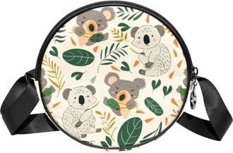 Generic Sac &agrave; bandouli&egrave;re rond pour femme, motif feuilles de koalas, petit sac &agrave; bandouli&egrave;re avec fermeture &eacute;clair, bretelles r&eacute;glables, sac &agrave; main rond d&eacute;con