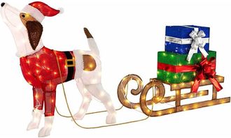 Costway Décoration de Noël avec 170 Lumières Pré-allumées, Décoration Festive Chien et Traîneau avec 8 Piquets et 8 Serre-câbles, Décoration du