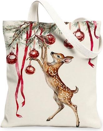Generic Sacs fourre-tout en toile motif cerf de No&euml;l, motif animal de la for&ecirc;t vintage, sacs d&eacute;picerie r&eacute;utilisables, l&eacute;gers et lavables, blanc, 13x15 Inch