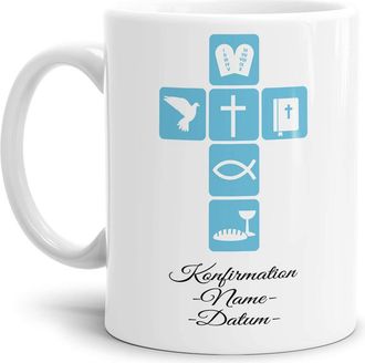 Tassendruck Geschenk-Tasse zur Konfirmation Gott hat befohlen - Blau - Personalisierbar/Erwachsen/Kind/Feier/Weiss