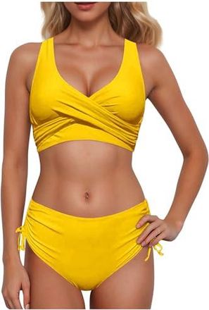 Generic Maillot de bain 2 pi&egrave;ces push-up rembourr&eacute; taille haute triangle dos nu pour femme, jaune, XXL