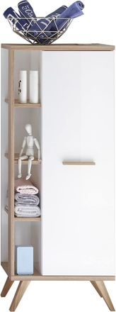 PELIPAL Badezimmerschrank Quickset 923 in Wei&szlig; Glanz/Riviera Eiche quer Nachbildung, 50,5 cm breit | Halbhoher Midischrank mit 1 T&uuml;r, seitlichen Ablagef&auml;chern