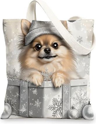 Generic Sac fourre-tout en toile pour le shopping - Motif chien de Pom&eacute;ranie - 33 x 38 cm - Cadeau de No&euml;l de luxe r&eacute;utilisable - Pour femme - Peinture danima