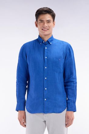 Eden Park Chemise En Lin Bleu Unie Coupe Droite
