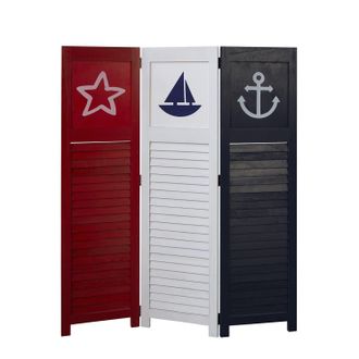 Homestyle4u 1824, Paravent Raumteiler Innen 3 teilig Holz, Raumtrenner Sichtschutz Maritim Mediterran Wei&szlig; Blau Rot