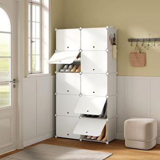 Woltu Woltu - Meuble Chaussure pour 40 Paires, Bo&icirc;te &agrave; Chaussures Empilable avec Portes, 10 Compartiments, en Plastique, Blanc