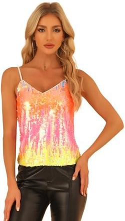 Allegra K Top Paillet&eacute; Femme Bretelles Spaghetti Brillant Scintillant pour F&ecirc;te Soir&eacute;e Orange Bleu Jaune XL