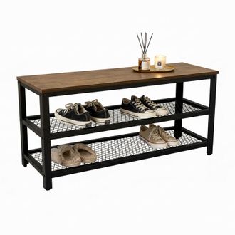 Relaxdays Banc &agrave; chaussures Relaxdays, 8 paires, HxLxP 45x100x30 cm, 2 &eacute;tag&egrave;res grille, banc imitation bois, brun/noir