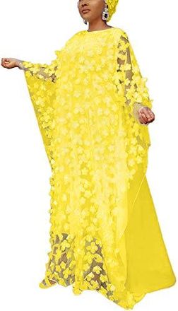 Hawaiian Dreams Afircan Robe Caftan en Mousseline de Soie pour Femme avec Appliques à Fleurs Taille Unique, Jaune, Taille Unique