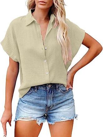 Generic Chemisier en lin pour femme - Grandes tailles - Chemise en lin &agrave; manches courtes - Noir - Pour femme - Chemisier d&eacute;t&eacute; en mousseline avec boutons - Tun