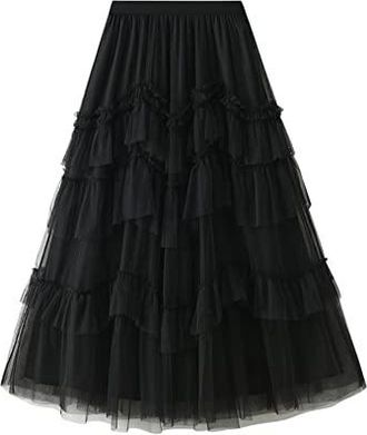 Dissa Jupe Mi-Longue Femme en Tulle Noir Jupe Gâteau avec Couleur Solide Jupe Trapèze pour Femme,Taille Unique,SKD1865