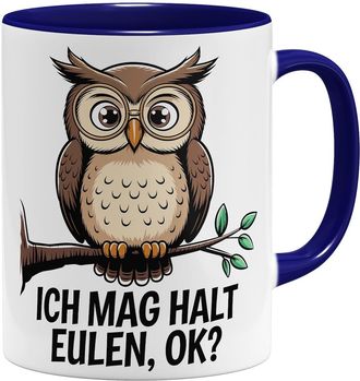 OM3 Eulen Kaffee-Tasse mit Spruch - Ich mag halt Eulen, ok? Geschenkidee f&uuml;r Eulenliebhaber I | Keramik Becher | 325ml | Beidseitig Bedruckt | Dunkelblau