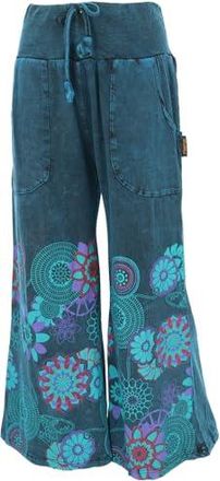 Guru Shop Pantalon palazzo en coton, pantalon hippie avec fleurs, pantalon évasé pour femme en coton, pétrole, 38