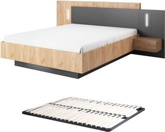 Vente-Unique Vente-unique - Lit avec chevets 140 x 190 cm - 2 tiroirs - Avec LEDs - Coloris : Naturel et anthracite + Sommier - francoli